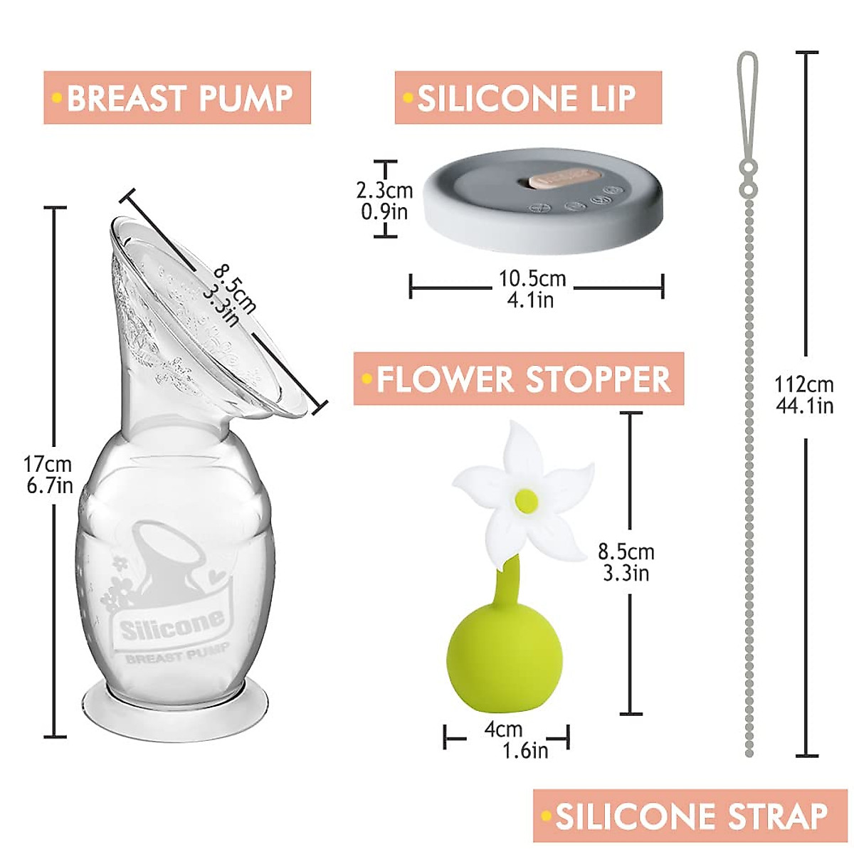 haakaa Manual Breast Pump 150ml with Flower Stopper, Silicone Lid & Silicone Strap Set Breastfeeding Essentials