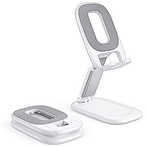 OMOTON Foldable Cell Phone Stand, Fully Portable Phone Stand for Deak Cell Phones Accessories, Height Adjustable Mobile Phone Holder Stand with Charging Hole, Compatible with All Smart Phones, White