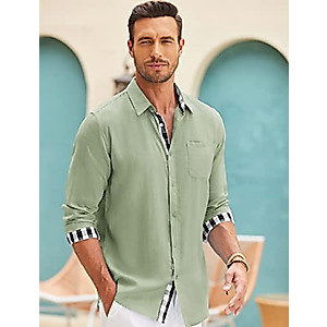 COOFANDY Mens Shirt Plaid Spread Collar Business Casual Work, Light Green, Large, Long Sleeve