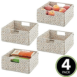mDesign Woven Hyacinth Storage Bin Basket Organizer with Handles for Organizing Kitchen Pantry, Cabinet, Cupboard, Shelves - Holds Food, Drinks, Snacks - 4 Pack - White Wash