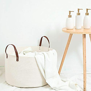 MINTWOOD Design Extra Large 20 x 13 Inches Decorative Cotton Rope Basket, Blanket Basket Living Room, Woven Laundry Basket, Storage Baskets Bin, Round Pillow Towel Basket with Long Handles, White