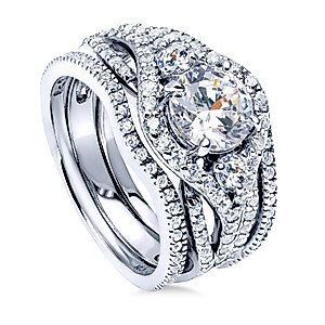 BERRICLE Sterling Silver 3-Stone Wedding Engagement Rings Round Cubic Zirconia CZ Ring Set for Women, Rhodium Plated Size 8.5