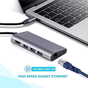 USB C Hub, 8 in 1 USB Type C Adapter with 4K HDMI, RJ45 Ethernet 1000Mbps, 3 USB 3.0, SD/TF Card Reader, Type C PD Charging Port for MacBook PRO/Air, iPad PRO, Mac