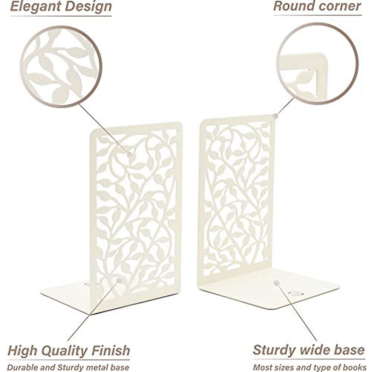 CNK Book Ends Bookends for Book Shelves, Metal Book Ends for Home Office Heavy Books, Book Shelf Holder, Home Decorative, Book Stoppers, Book Holder, Set of 2 White Infinite Leaves Bookends