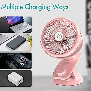 COMLIFE F170 Clip On Fan - Auto Oscillation Personal Fan - 5000 mAh Battery Operated Fan, USB Desk Fan Stepless Speeds Control, Powerful Airflow for Hurricane, Camping, Office, Car(Pink)