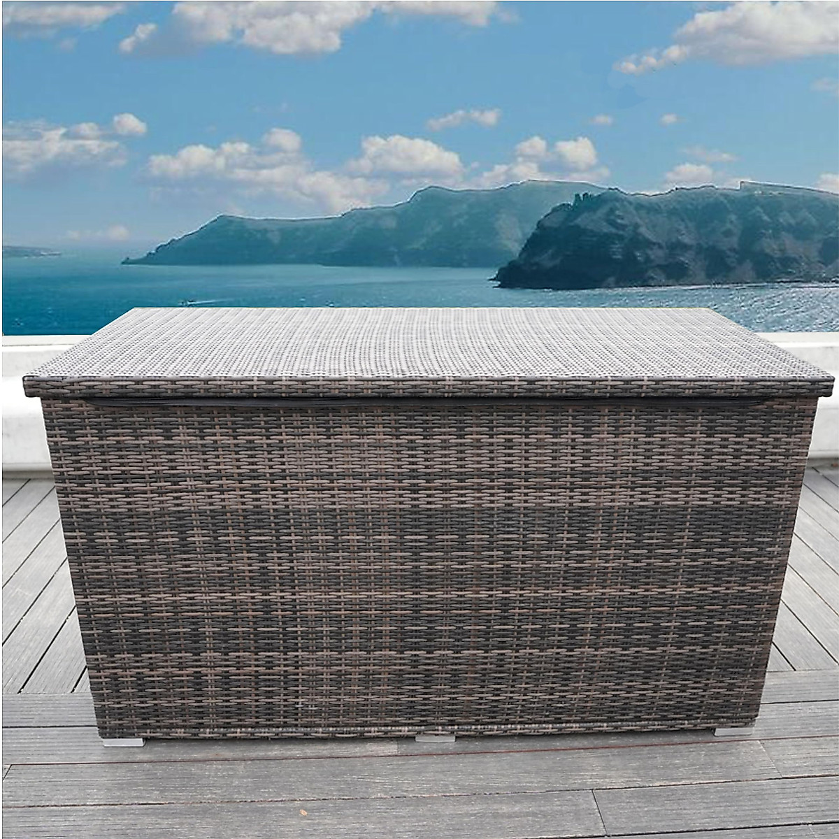 Direct Wicker Large Deck Box 296 Gallon Waterproof Outdoor Storage Box,Cushion Storage Wicker Box Brown,(Aluminum frame) 66.93"
