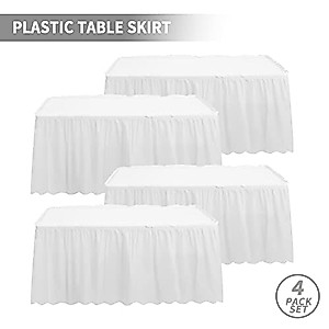 4 Pack Table Skirt 29 in x 14 ft Tablecloth Disposable Table Cover Reusable Stain Proof Plastic Table Skirts for Rectangle or Round Tables for Party, Wedding, Reception, Birthday (White)