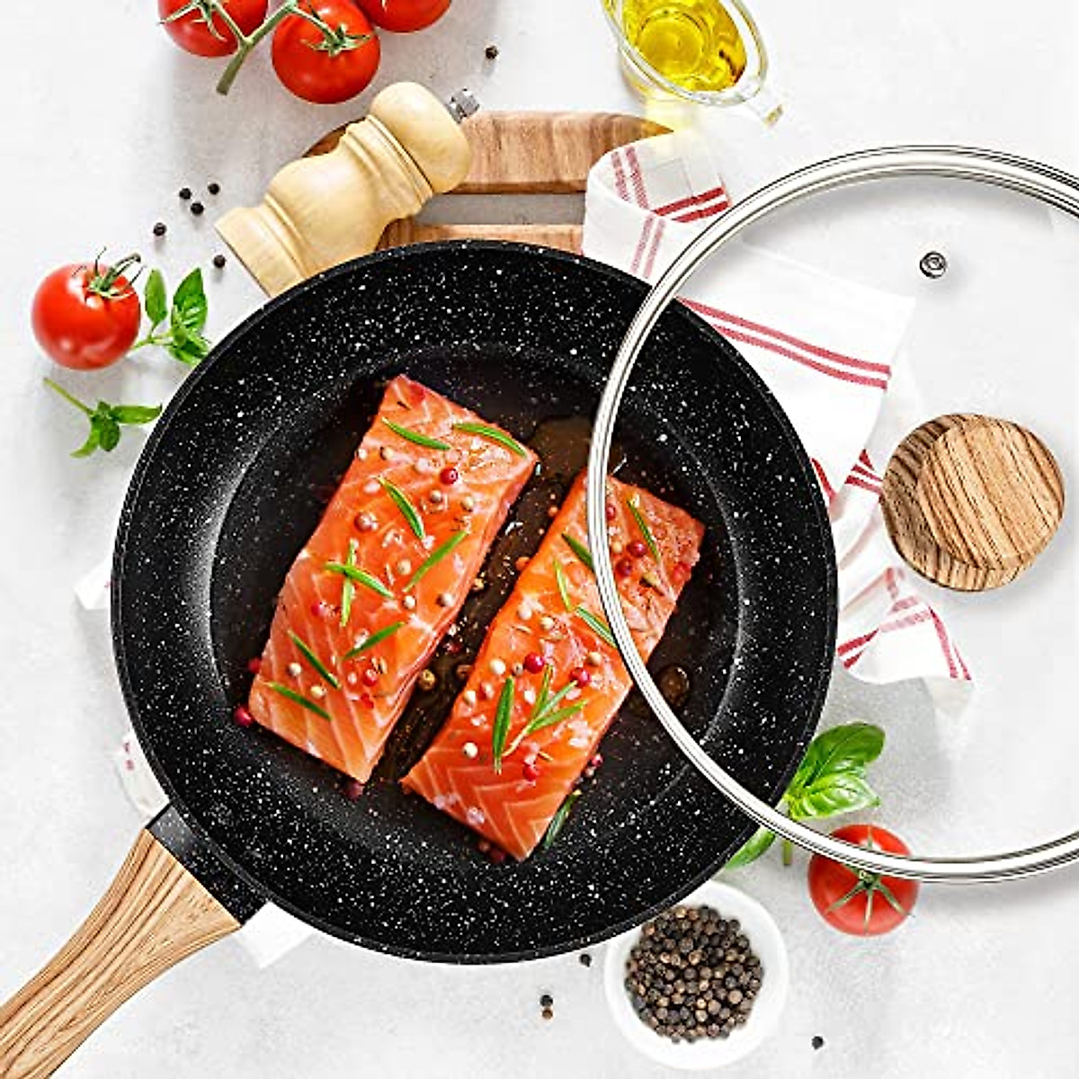 MICHELANGELO Frying Pan Set, Frying Pans Nonstick, Non Stick Frying Pan Set with Bakelite Handle, Nonstick Pans Set, Stone Skillets 2 Piece, frying pan set with lids, 8"+10" Stone Frying Pans