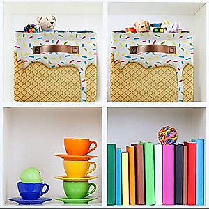 ZOEO Large Storage Basket, Vanilla Ice Cream Cone Waffles Foldable Storages Box Organizer Bins with Leather Handles for Shelves Closet Bedroom, Theme Party