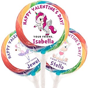 Personalized Unicorn Valentine's Day Stickers for Kids 20-Count, 2 inch, Custom Classroom Valentines Favor for Girls, Happy Valentine's Day Labels