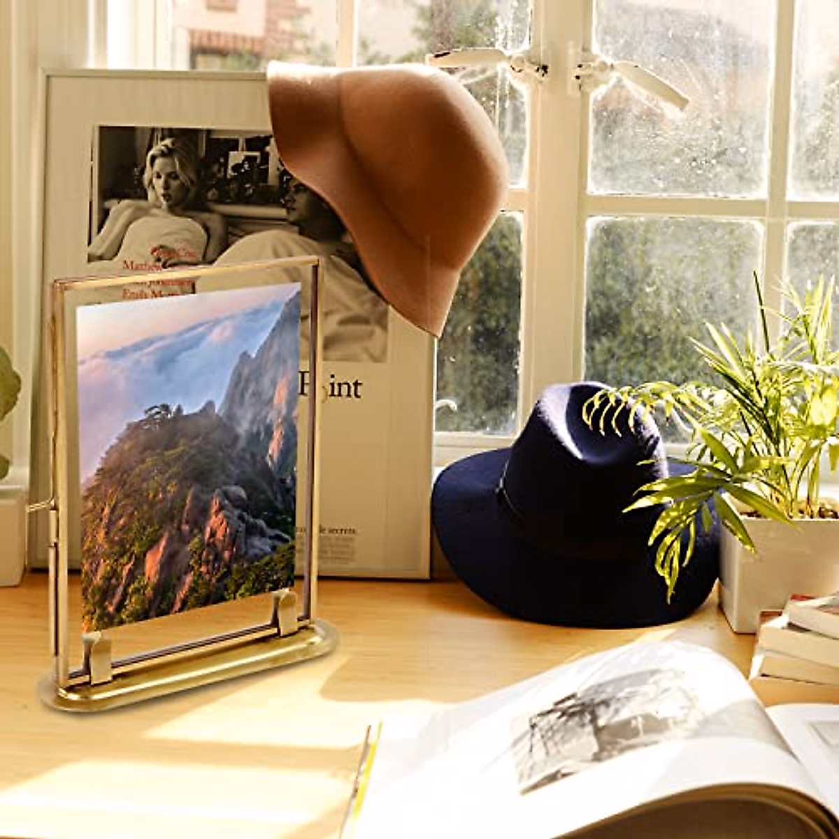 Hline Living Gold Picture Frames 4x6, Brass Floating Frame Glass Metal w/Stand Base, Photo Display for Home Wedding Office Tabletop Shelf