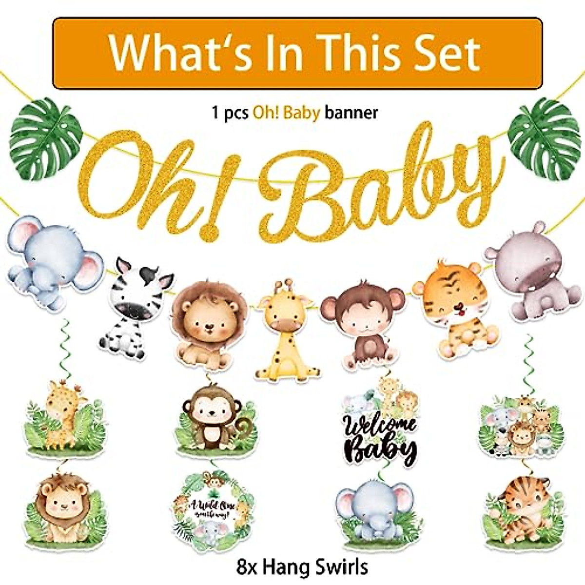 Safari Baby Shower Decorations for Boy, NO-DIY Jungle Baby Shower Decorations for Boy Include Safari Birthday Banner and Hanging Swirls, Animal Baby Shower Decorations, Jungle Party Decorations