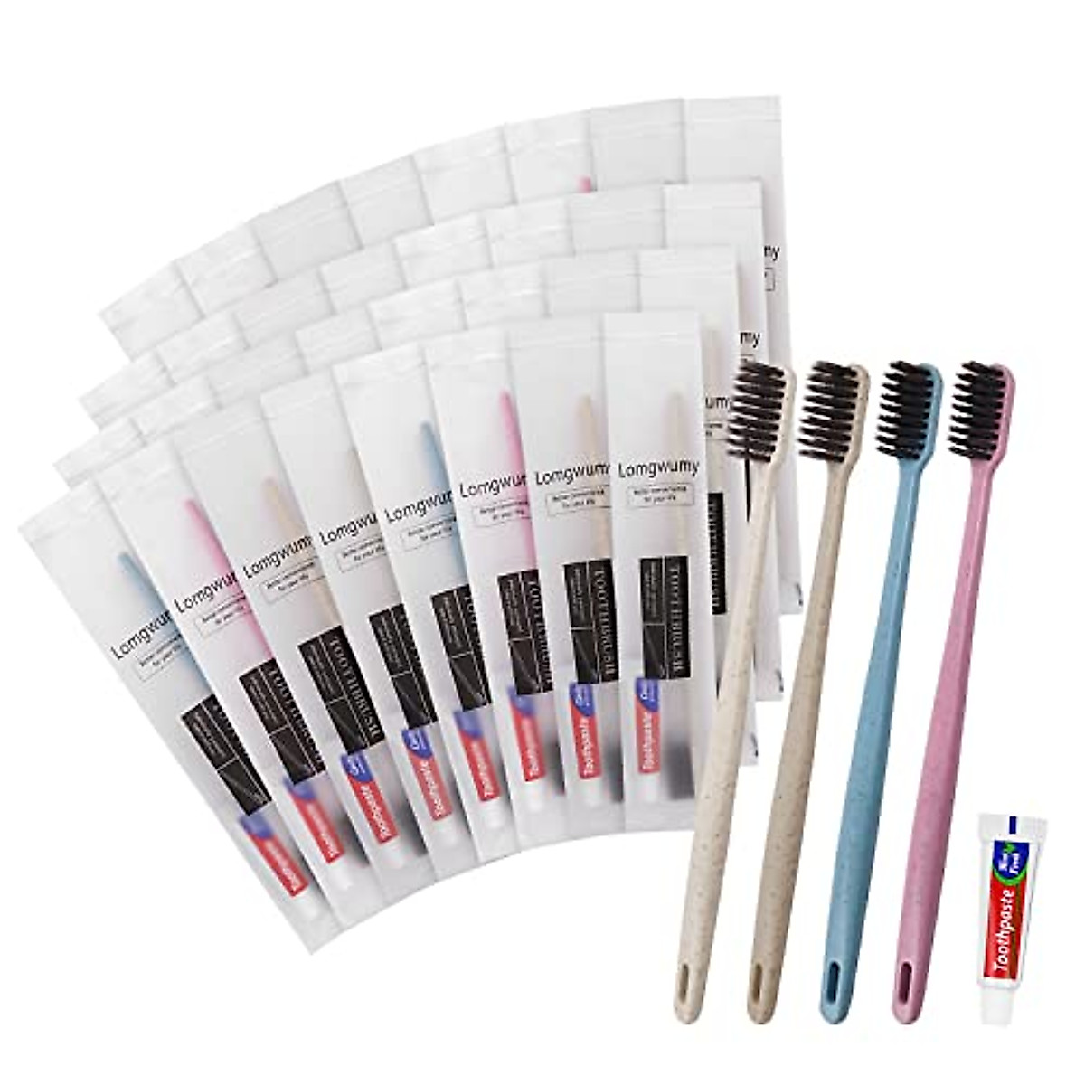 Lomgwumy Disposable Toothbrush, Toothbrush Bulk, Bulk Toothbrush and Toothpaste Sets, 4 Colors, Individually Packaged, Delicate and Practical, Suitable for Hotel, Home, Travel, Camping (PACK-32)