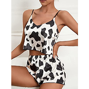 WDIRARA Women's Sleepwear Cute Print Lettuce Trim Cami and Shorts Pajama Set White Black Cow S