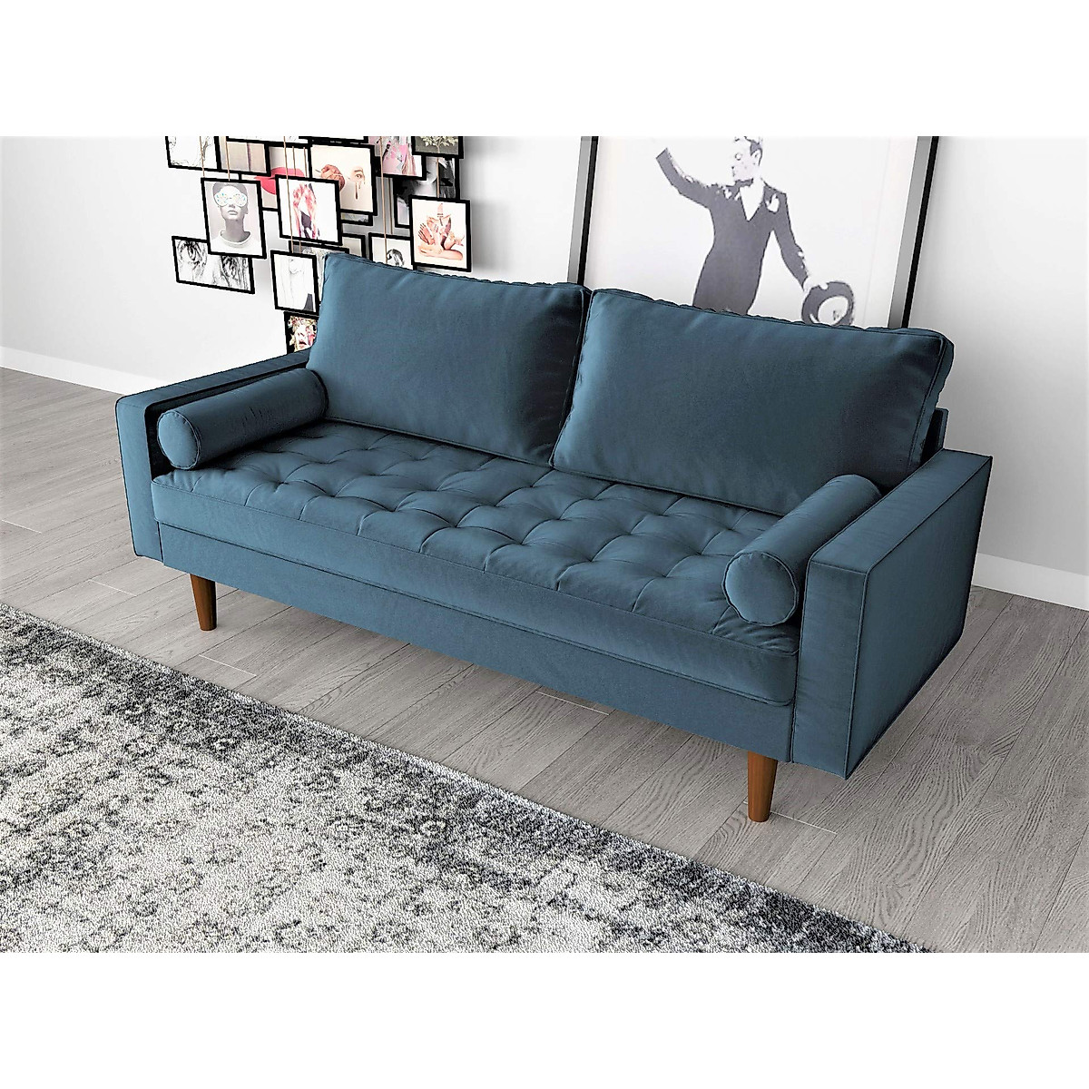 Container Furniture Direct S5456 Mid Century Modern Velvet Upholstered Tufted Living Room Sofa, 69.68", Prussian Blue