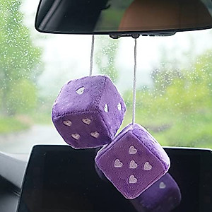 Cyncoy Pair Fuzzy Plush Dice for Car Rearview Mirror, 3" Retro Square Heart-Shape Decoration Dice for Hanging Car Accessories, Car Decorations for Women (Pink) (FD001)