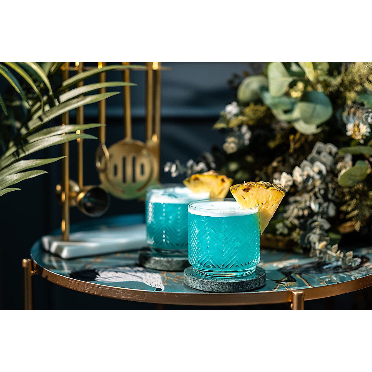 Vintage Flamingo Lowball Cocktail Glasses for Drinking Gin, Rum, Vodka, Whiskey Bar Drinks | Set of 4 | 11 oz Stackable Thick Crystal Short Tumblers | Tropical Glassware Collection