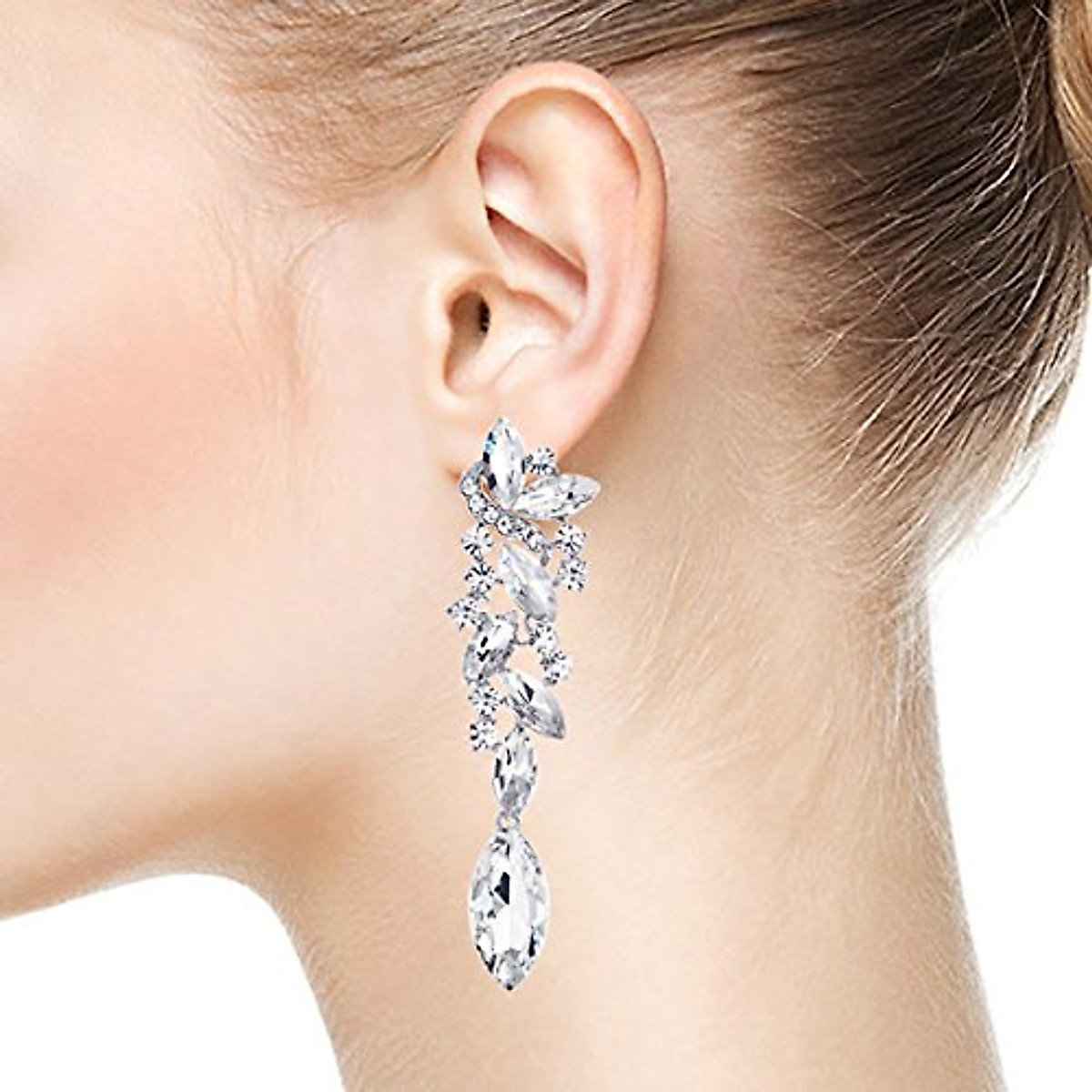 Art Deco Wedding Party Bridal Rhinestone Marquise Cluster Chandelier Long Dangle Large Statement Earrings