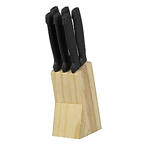 Home Basics 6 Piece Stainless Steel Knife Set with Wooden Block, Non Slip Handles, Black