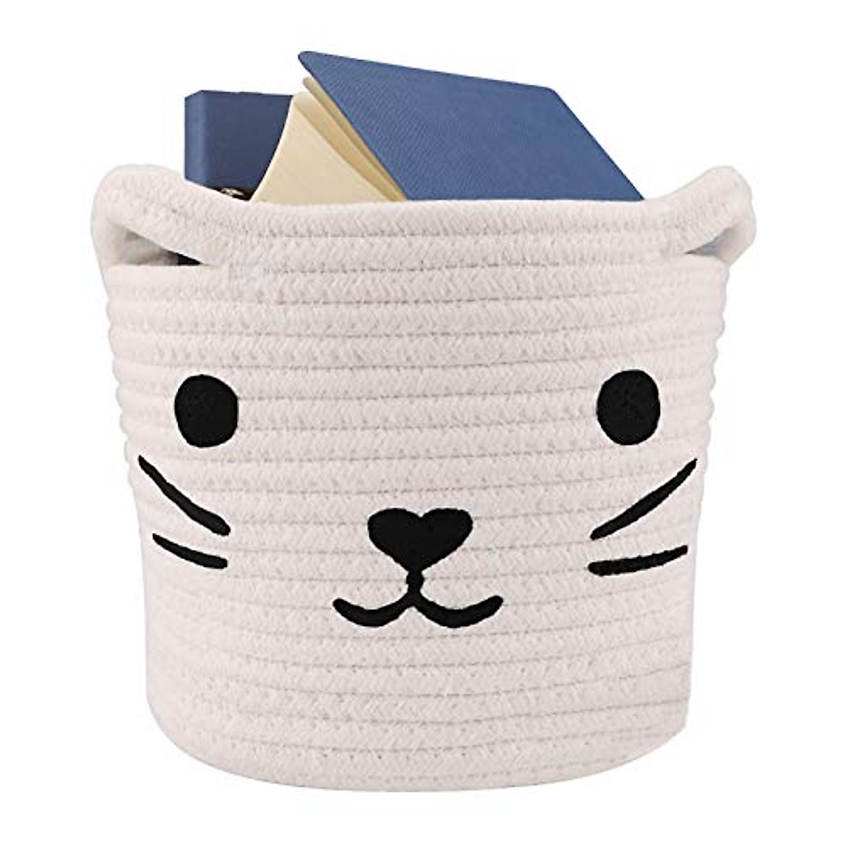 8''X7'' Small Baby Hamper White Cotton Rope Basket | LONTAN Washable Baby Nursery Hamper Cute Cat Design Baby Gift Basket Collapsible Organizer for Snacks, Pen
