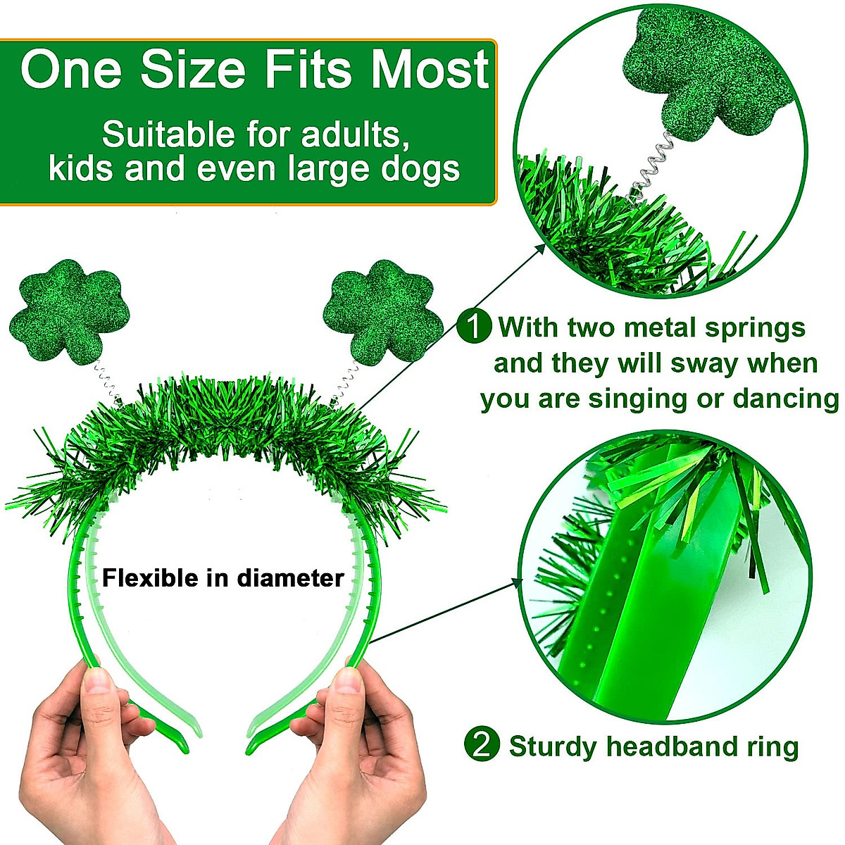 PARTYWIND 12 PCS St Patrick’s Day Headband, Glitter Saint Patricks Day Accessories Headbands for Women Kids with Shamrock/Hat/Bow, Irish Costume for Party Supplies