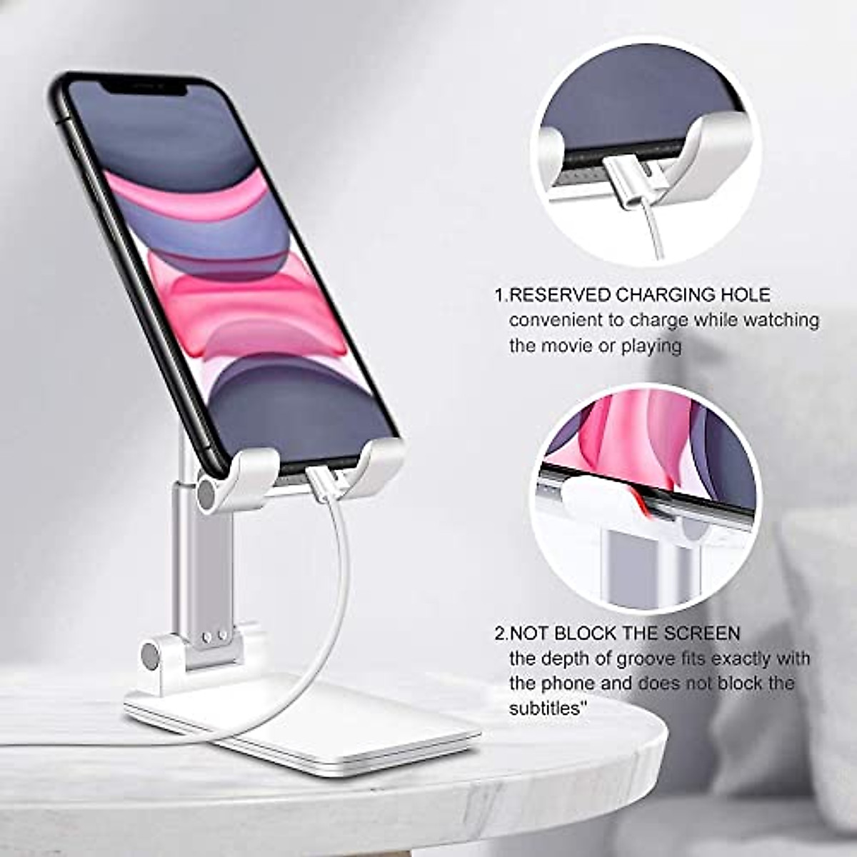 CFSMQIYE Cell Phone Stand,Angle Height Adjustable Cell Phone Stand for DeskCompatible with All Mobile Phone/iPad/Kindle/Tablet Fully Foldable Phone Dock (White)