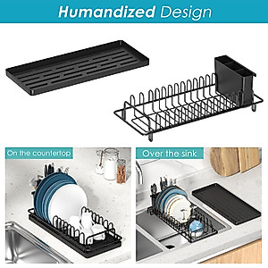 Giwil Small Dish Drying Rack, Compact Dish Rack with Silicone Tray and Caddy, Multifunctional Dish Drainer Sink Drying Rack for Kitchen Counter & Over The Sink, Stainless Stell, Black