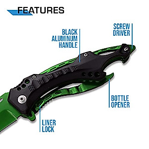 MTech USA – Spring Assisted Folding Knife – Green Electroplated Fine Edge Stainless Steel Blade, Black Aluminum Handle, Pocket Clip, Tactical, EDC, Self Defense- MT-A705GN