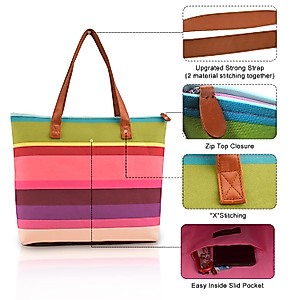 DEMOMENT Canvas Floral Shopping Zip Top Tote Bag GYM Hiking Picnic Travel Beach Pool Shoulder Book Bag (Blue and Rainbow)