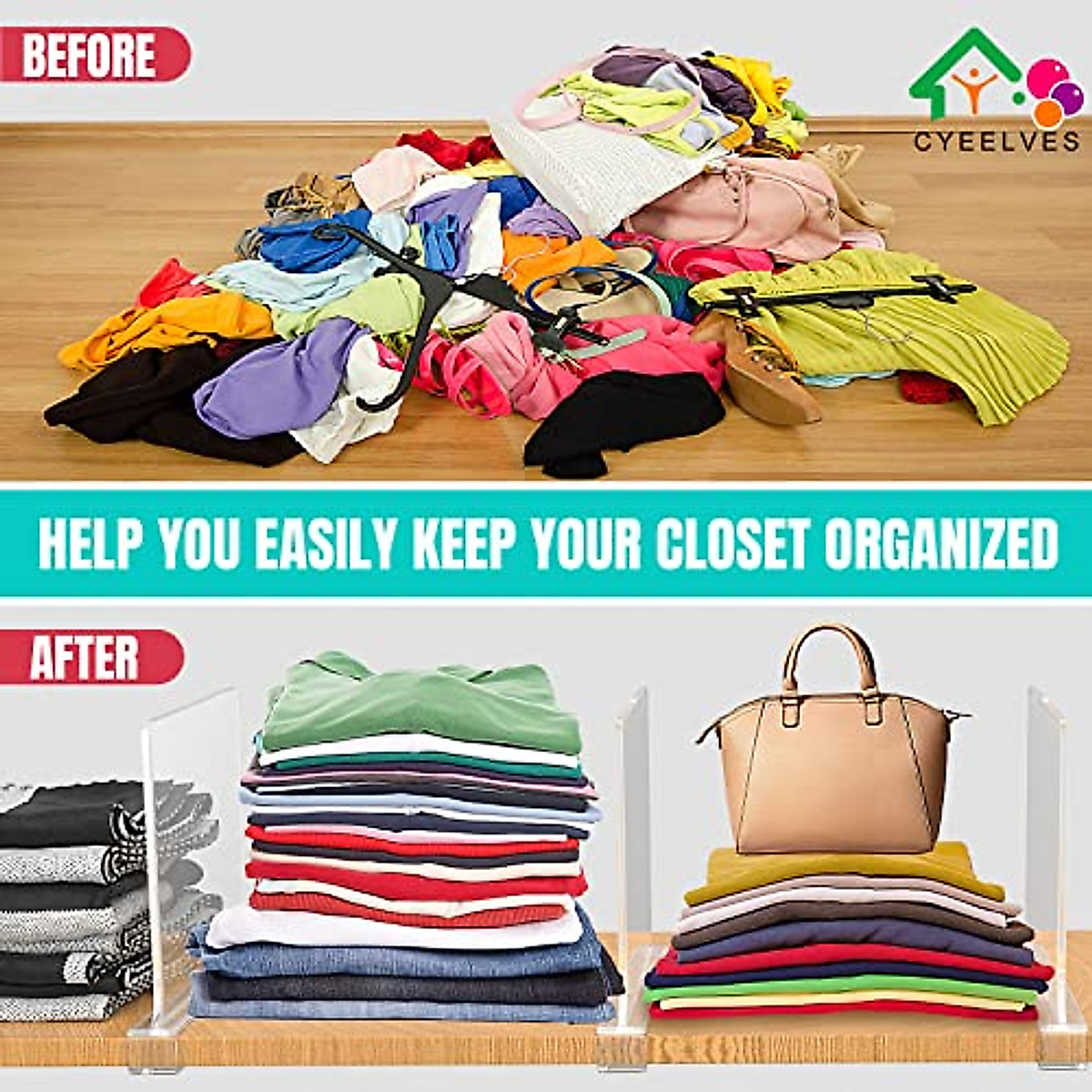 6 Pack Closet Shelves, Shelf Dividers, Clear Acrylic Shelf Divider for Closets, Wood Shelf Dividers Purse Organizer Separators, Closet Shelf Organizer for Kitchen Cabinets Storage Clothes Organization