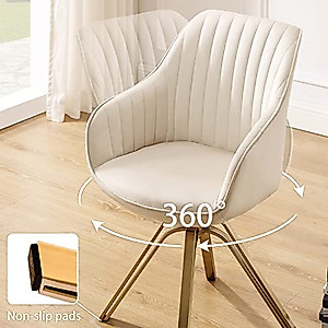 Art Leon Swivel Dining Chair, Set of 2, Office Chair No Wheels, Fabric Upholstered Kitchen Dining Room Chairs with Gold Legs, Mid Century Modern Accent Chair with Arms, Off White