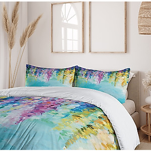 Ambesonne Flower Duvet Cover Set, Abstract Ivy Romantic and Landscape Spring Floral Art Nature Theme, Decorative 3 Piece Bedding Set with 2 Pillow Shams, King Size, Turquoise Purple