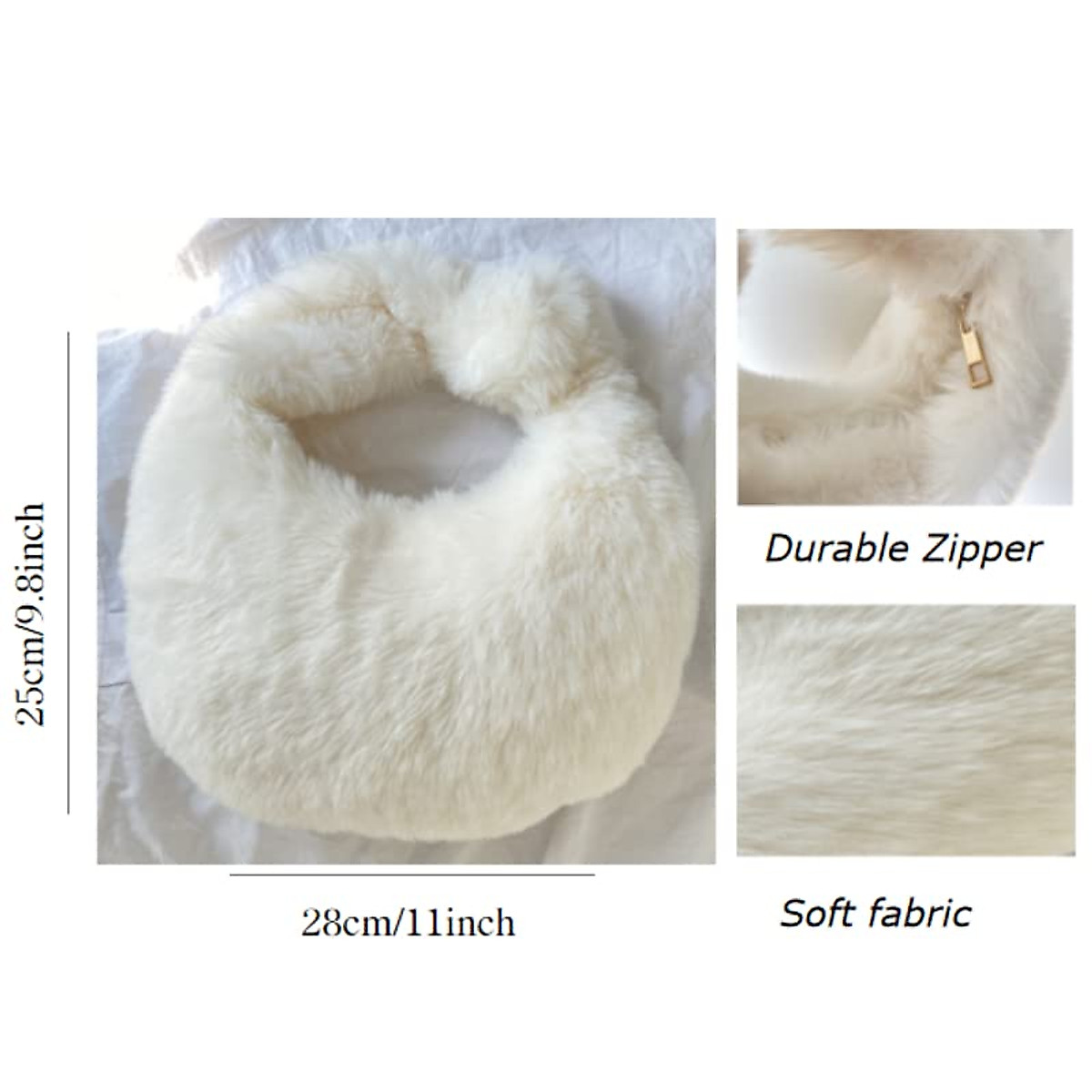 XPONNI Fuzzy Dumpling Bag, Cute Fluffy Bags, Cute Mini Handbags, Faux Fur Bag with Zipper, Soft Knotted Bag (off white)