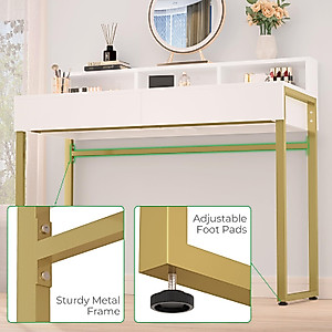 GreenForest Vanity Desk with 2 Drawers, White Makeup Desk with 3 Storage Spaces, 40 inch Small Desk with Gold Metal Legs, Modern Home Office Desk for Kids, Bedroom (No Mirror)