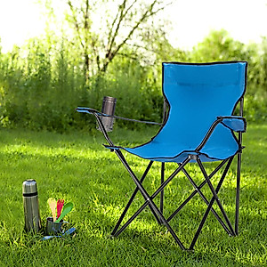 Goujxcy Portable Camping Folding Chair, Heavy Duty Steel Frame Support 230 LBS Outdoor Folding Lawn and Camping Chair Lounge Chair with Arm Rests, Cup Holder and Shoulder Strap Carrying Bag (Blue)