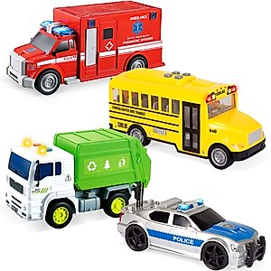 JOYIN 4 Pcs 7" Long Vehicle Toy Set, Toddlers Cars with Lights and Siren Sound, Including Play Police Car, School Bus, Toy Garbage Truck, Ambulance Toy, Birthday Party Gifts Toys for Boys 3-5