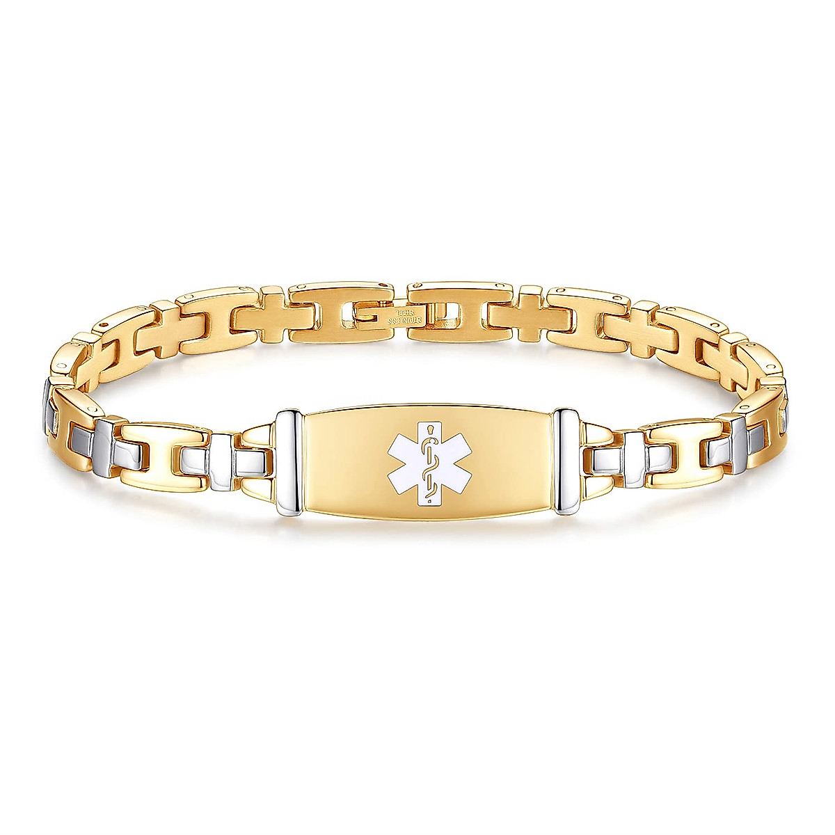 Fashion Lady Stainless steel Medical Alert id Bracelets with Free Engraving (Gold-6.5 in)