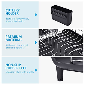 TOOLF Dish Drying Rack, Stainless Steel Dish Rack, Expandable(14.5"-25.3") Dish Drainer Rack and Utility Drainboard Set with Foldable Rack, Utensil Holder Cups Holder for Countertop, 1 Piece Black