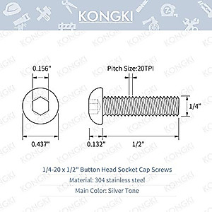1/4-20 x 1/2" Button Head Socket Cap Bolts Screws, 304 Stainless Steel 18-8, Allen Hex Drive, Fully Machine Thread, Bright Finish, 50 PCS