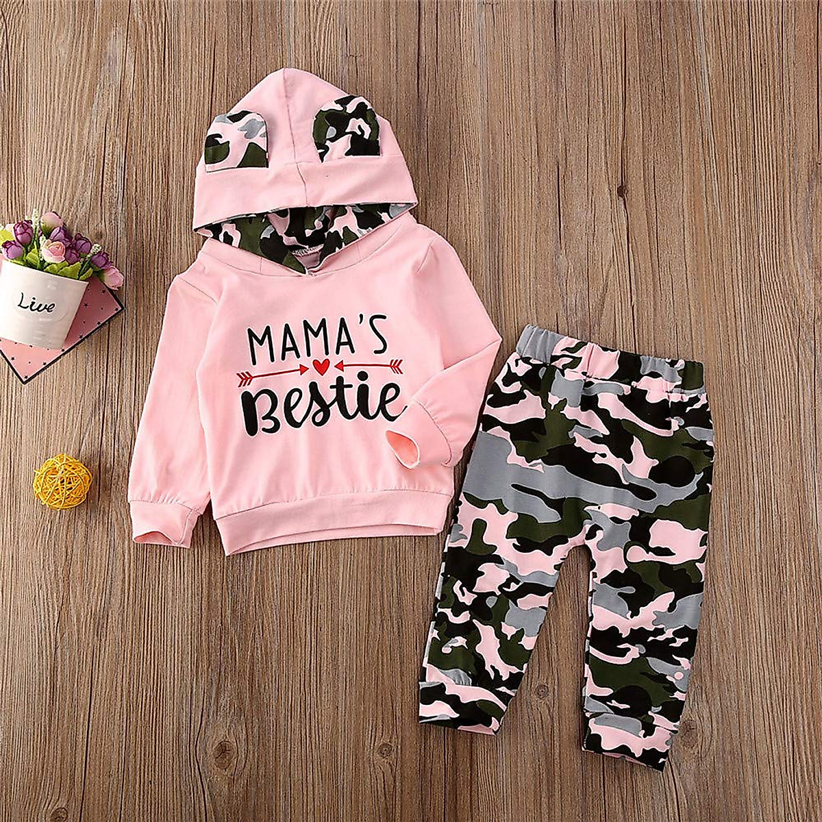 FYBITBO 2Pcs Baby Girls Fall Winter Clothes Mamas Bestie Hoodie Sweatshirt Tops & Camo Pants Outfits Clothing Sets (Pink Camo, 6-12 Months)