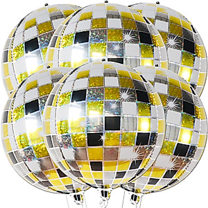KatchOn, Multicolor Disco Ball Balloons - 22 Inch, Pack of 6 | Black and Gold Disco Party Decorations | 360 Degree 4D Sphere Disco Balloons | Black and Gold Disco Ball Balloons for Disco Decorations