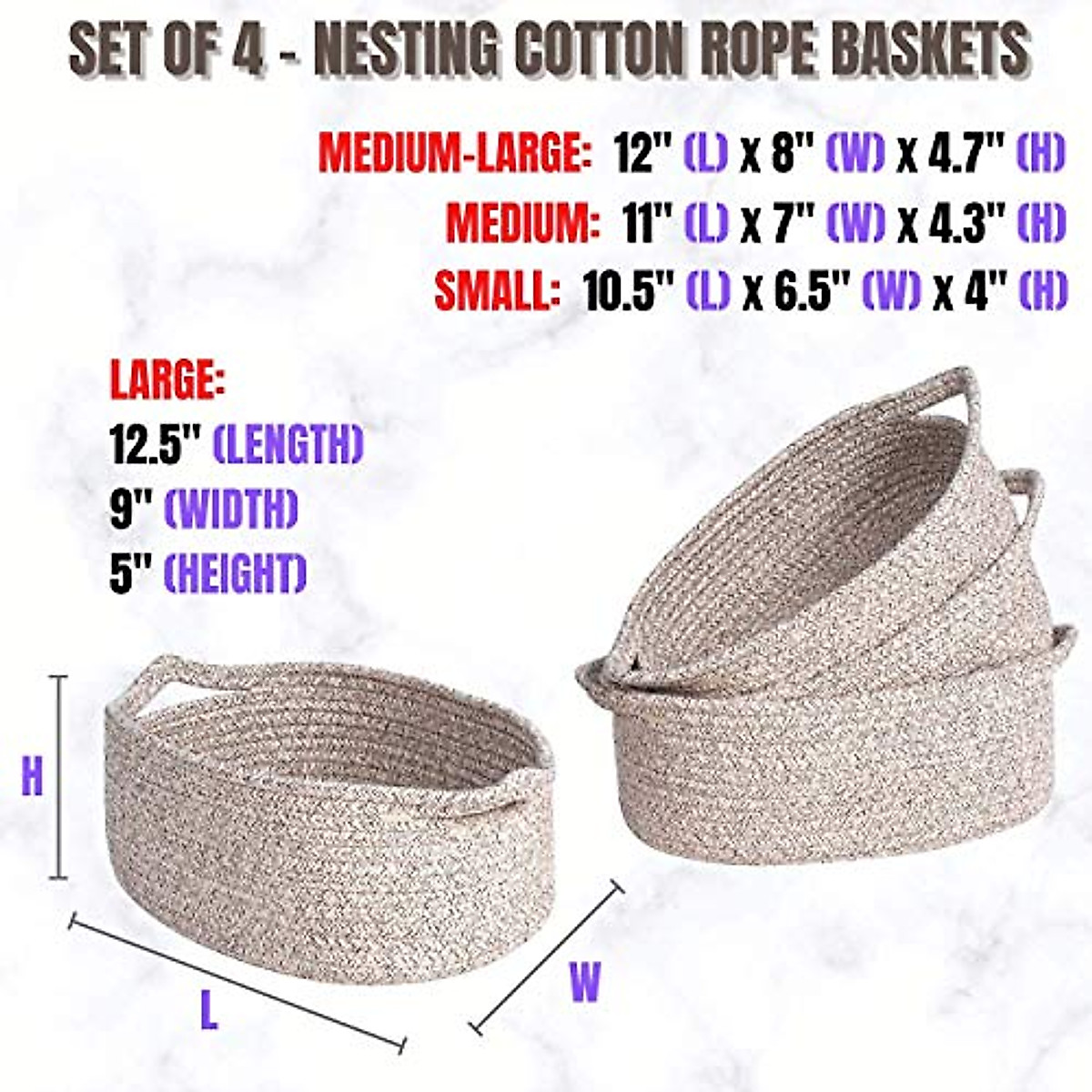 MINTWOOD Design Set of 4 Cotton Rope Nesting Baskets, Decorative Woven Nursery Baskets, Cute Closet Baskets and Bins for Shelves, Table Basket Organizers for Small Accessories, Light Brown