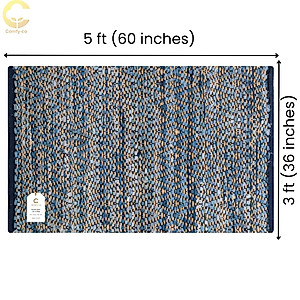Comfy-co Area Rug Jute Denim Floor Rug 3x5 ft - Hand-Woven Area Rug Farmhouse Rustic - Anti Skid Floor Rug for Bedroom Living Room Kitchen Dorm Entryway Hallway - Area Rug Jute Denim
