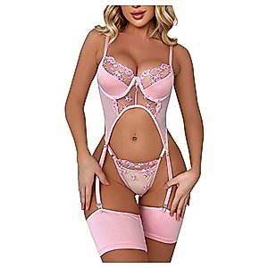 Slutty Outfits for Women, Bodysuit Lingerie Yellow Sexy Black Bras Women Sex Women's Underwear Three-Point Garter Belt Hollow Three-Piece Suit Set Women's Valentines Lingerie Set (M, Pink)