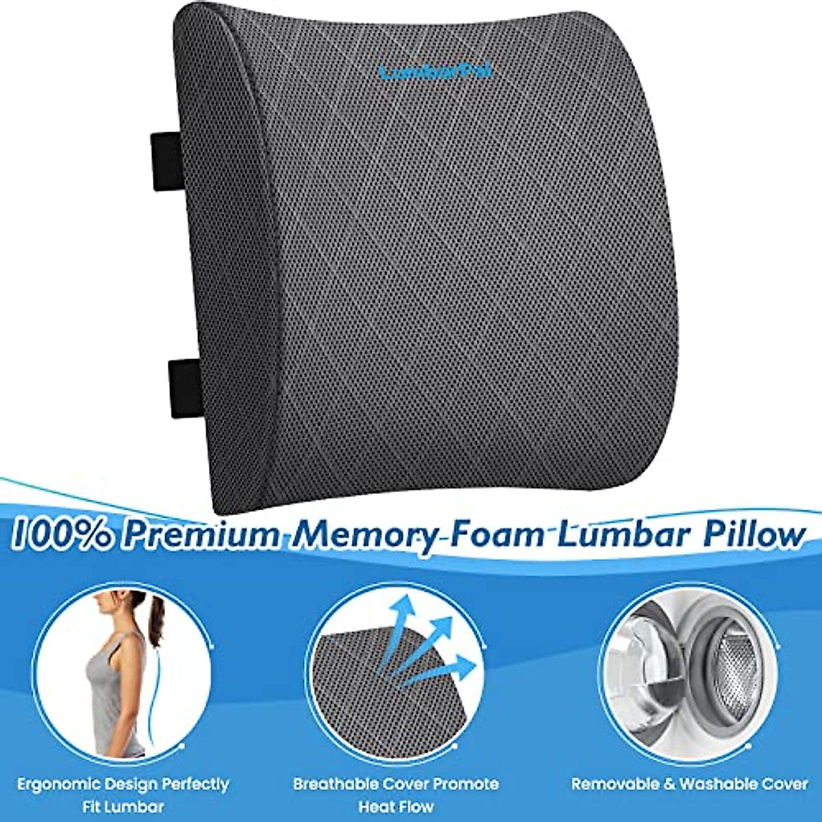 LumbarPal Lumbar Support Pillow for Office Chair Back Support Lumbar Pillow for Car, Gaming, Office Chair - Improve Sitting Posture & Back Pain Relief, Memory Foam, Adjustable Straps, Grey
