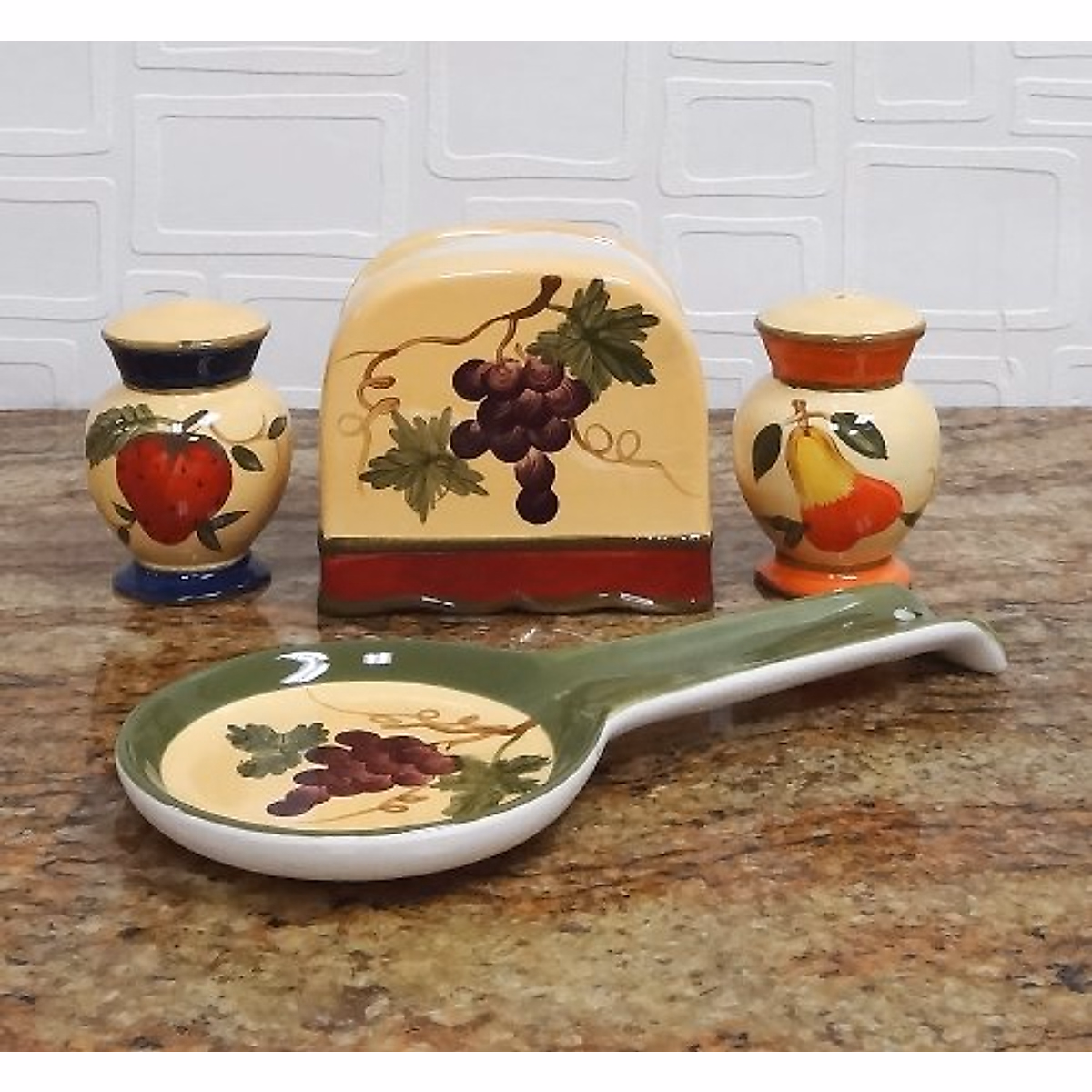 ACK Tuscany Garden Ceramic Colorful Hand Painted Mixed Fruit 4PCs Stove/Table Top Set,Pepper and Salt Shakers,Napkin Holder and Spoon Rest, Kitchen Décor