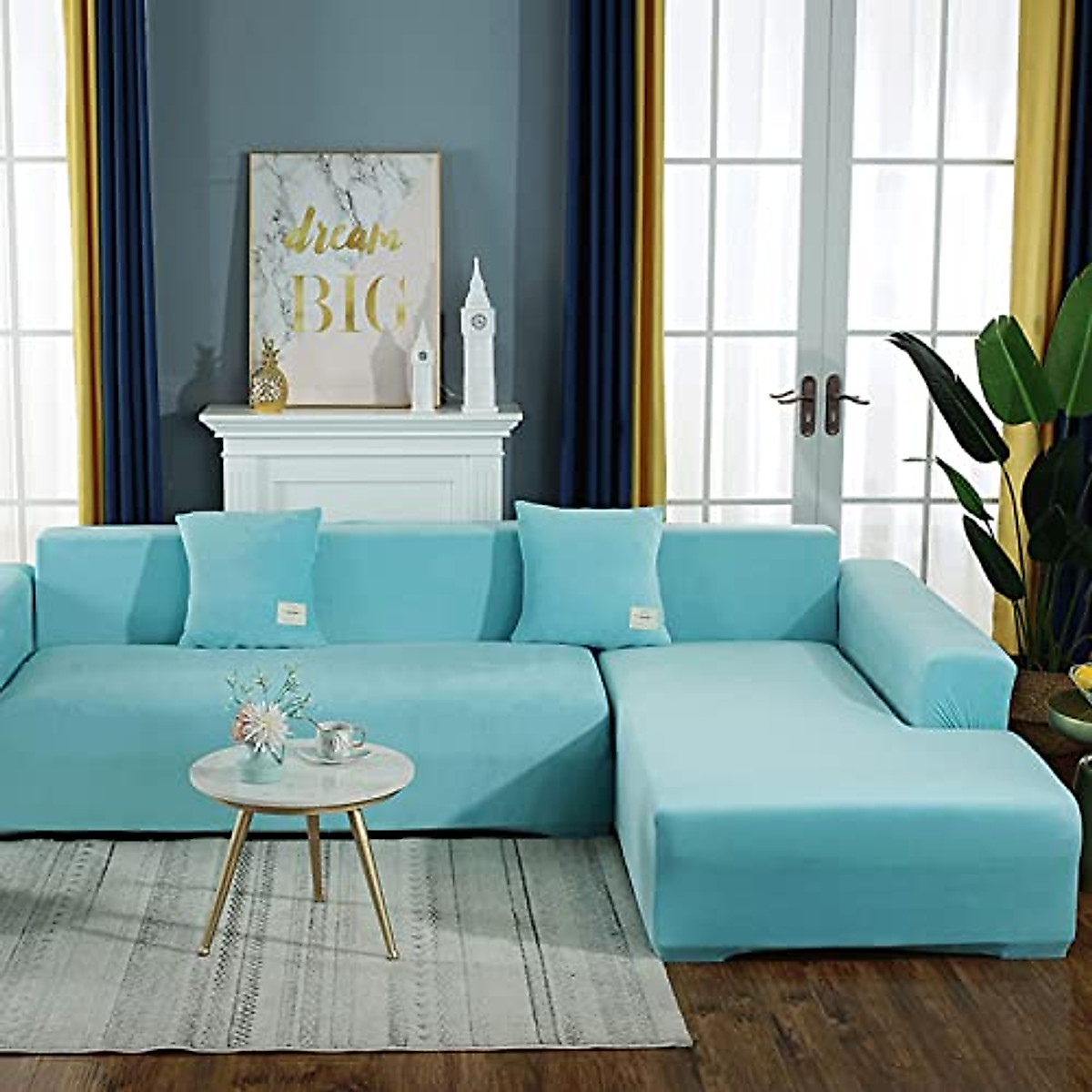 IMYOGI High Stretch Sofa Covers Plush High Stretch Sofa Cover L Shape Sectional Sofa Slipcovers Soft Washable Couch Covers Polyester Furniture Protector for Kids Pets -blue-1-4 Seater+4 Seater