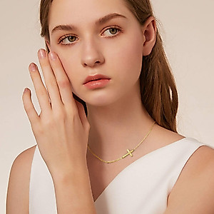 FENCCI 14K Gold Sideways Cross Necklace for Women, 14kt Real Gold Sideways Cross Choker Pendant Adjustable Necklace Religious Jewelry Mothers Day Gfits for Her, 14+2 Inch (Yellow Gold)