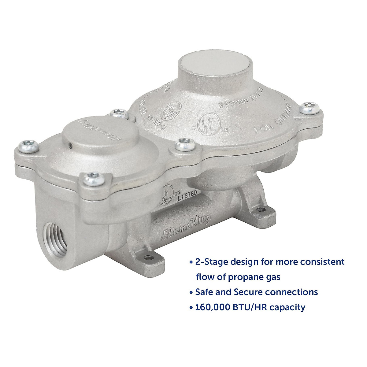 Flame King 160,000 BTU Vertical Mounted 2-Stage Propane LP Regulator for RVs, Vans, Trailers, Campers, 100LB Tanks, ASME Tanks, Generators