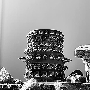 Eigso 3 Pcs Leather Studded Punk Cuff Bracelet Set for Men Women 80s Rock Retro Vintage Goth Spikes Wristbands for Man Woman